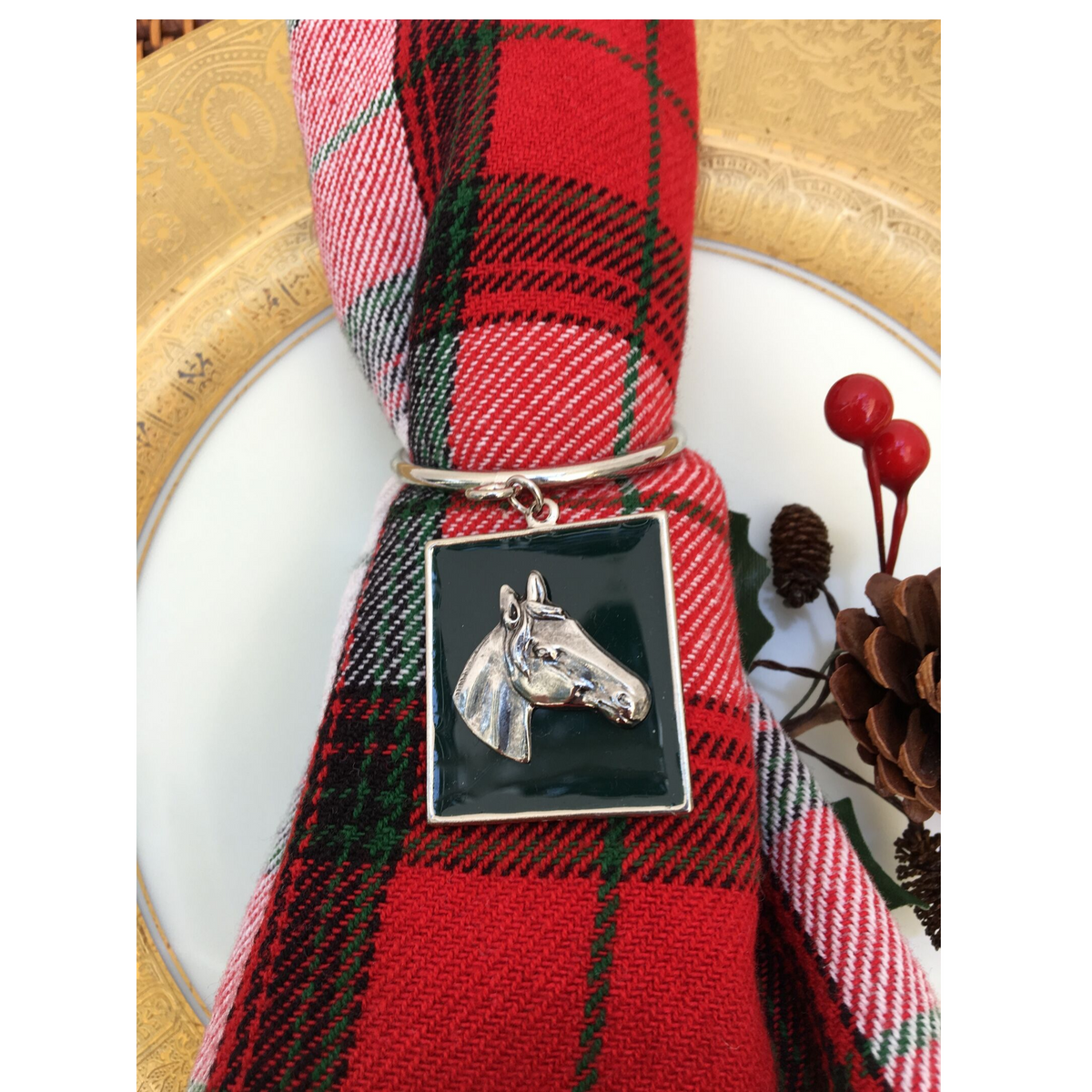 Napkin Ring Silver Horse Head Black Enamel Luxury Table Setting