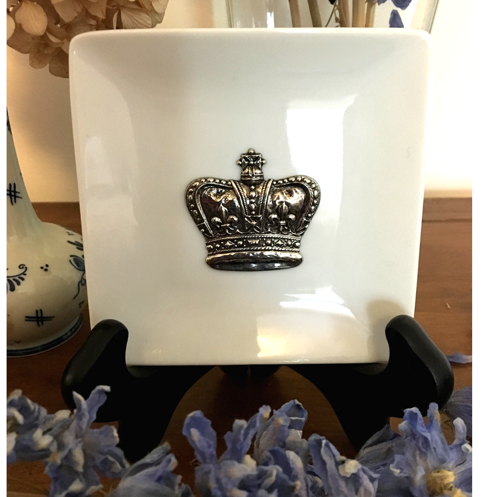 Trinket Tray, White Porcelain Dish, Large Silver Crown - Classic Legacy