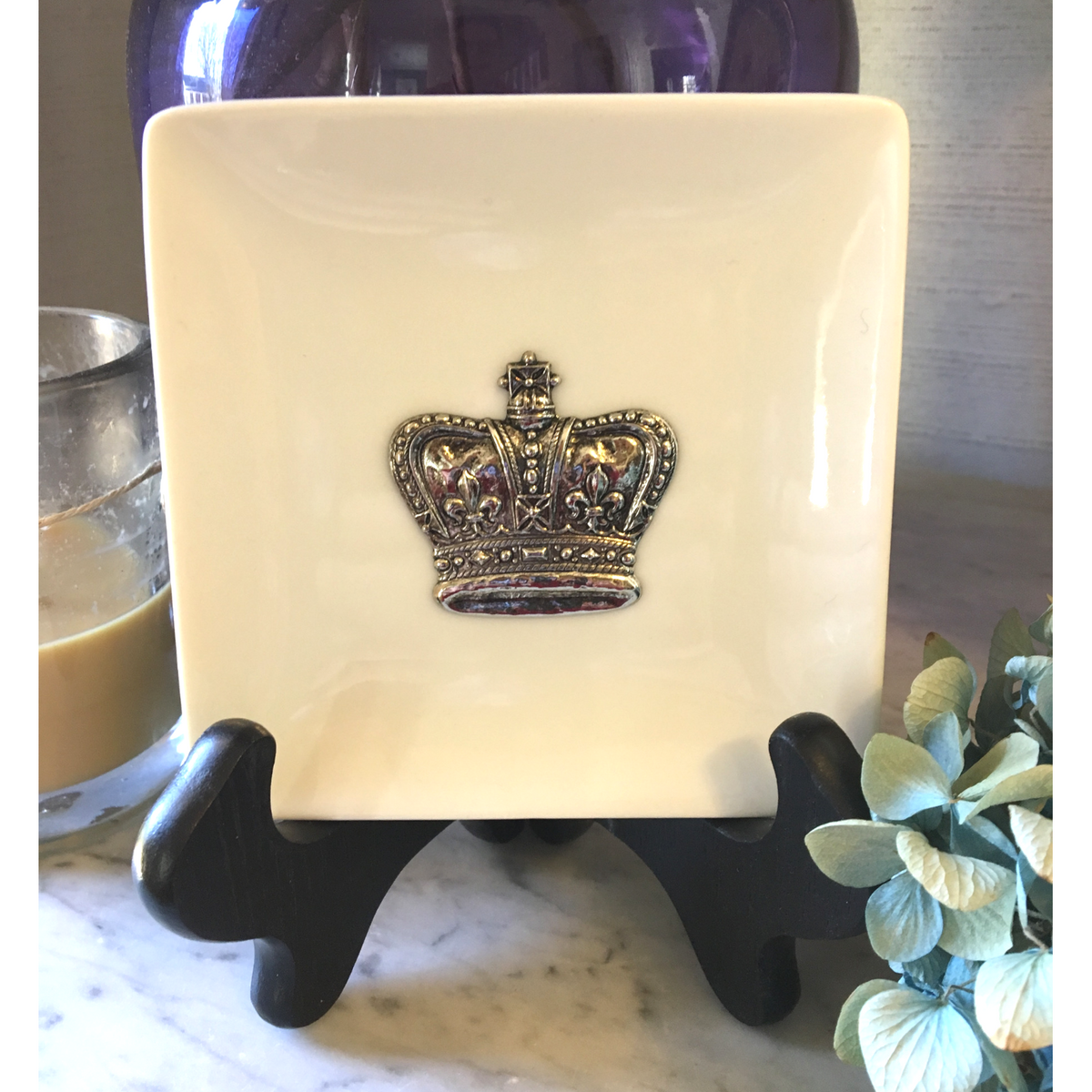 Trinket Tray, White Porcelain Dish, Large Silver Crown - Classic Legacy