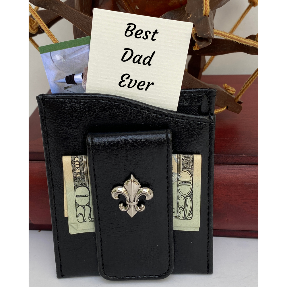 Money Clip Black Faux Leather Silver Fleur de Lis - Classic Legacy