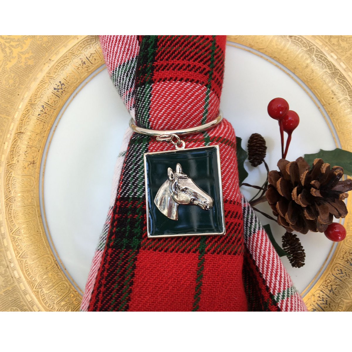 Napkin Ring Silver Horse Head Black Enamel Luxury Table Setting