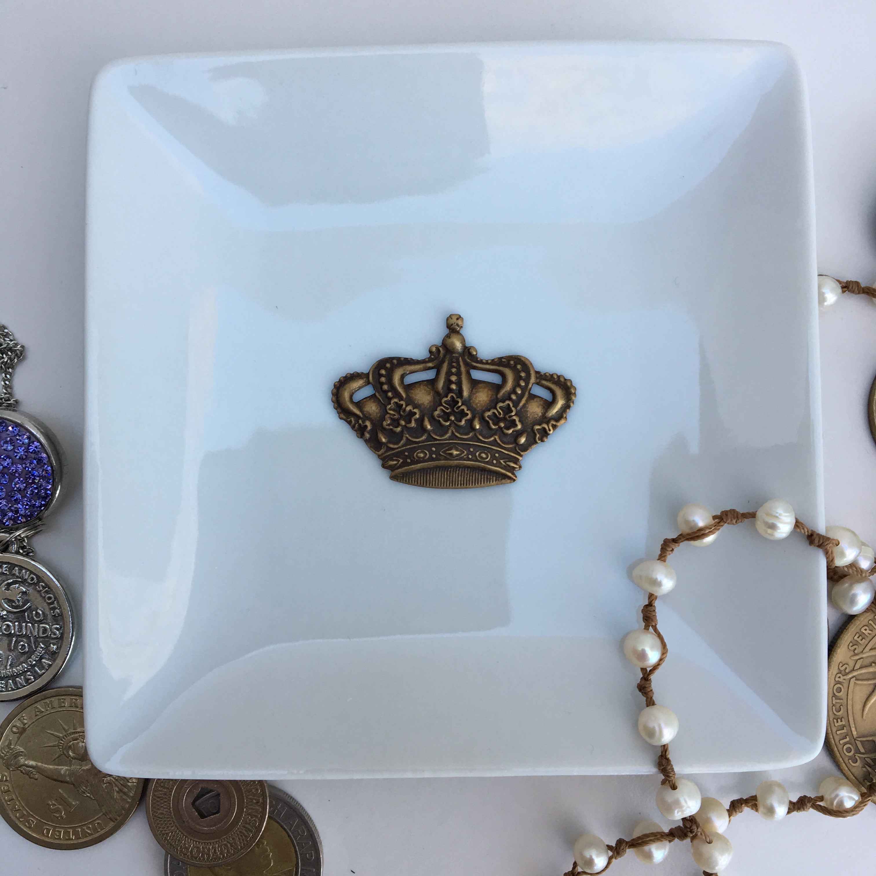 Trinket Tray, White Porcelain, Jewelry Dish, Crown Antique Gold ...