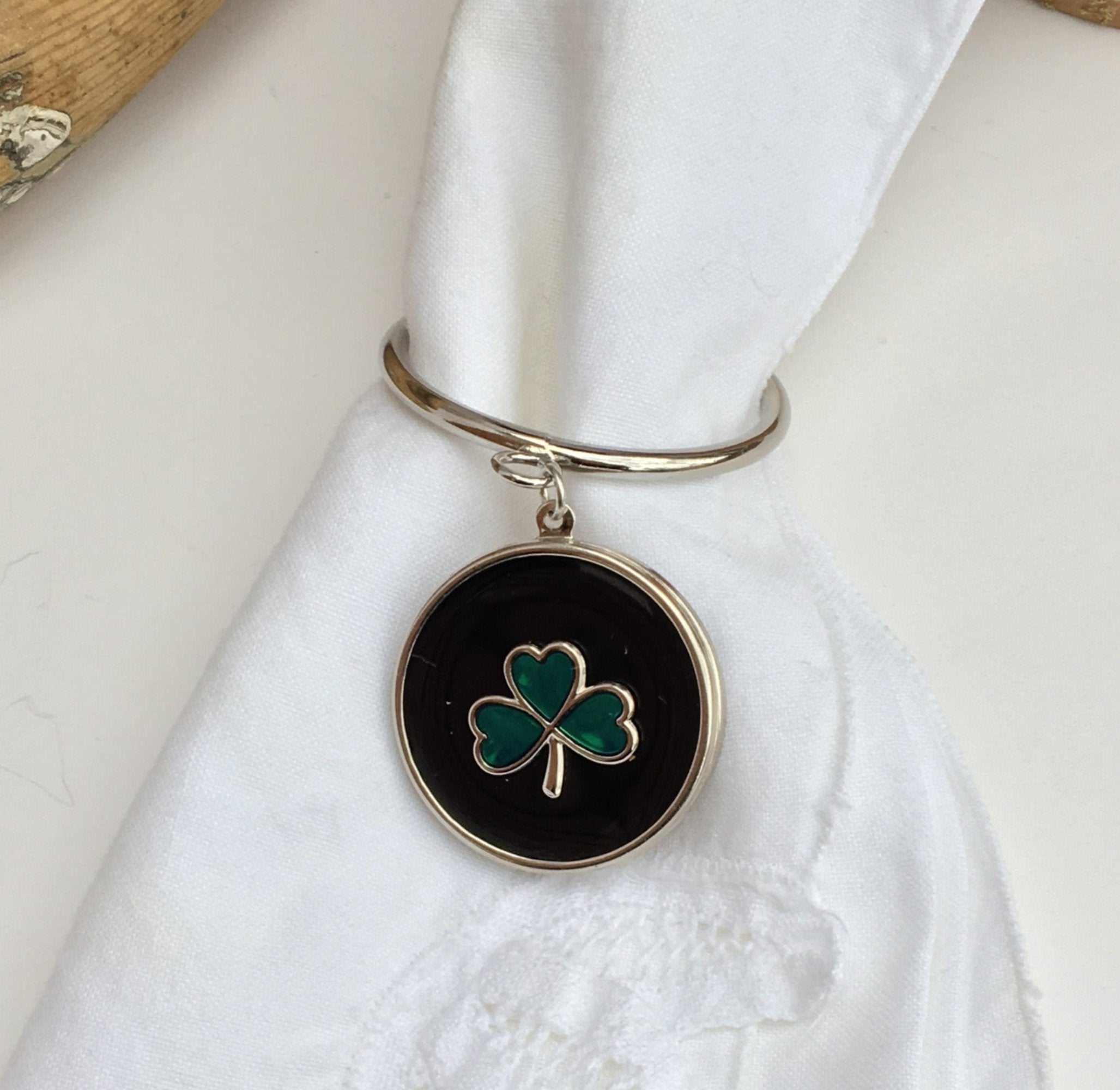 Irish Napkin Rings, Set of 4, Handmade, Black and Emerald Green Shamro